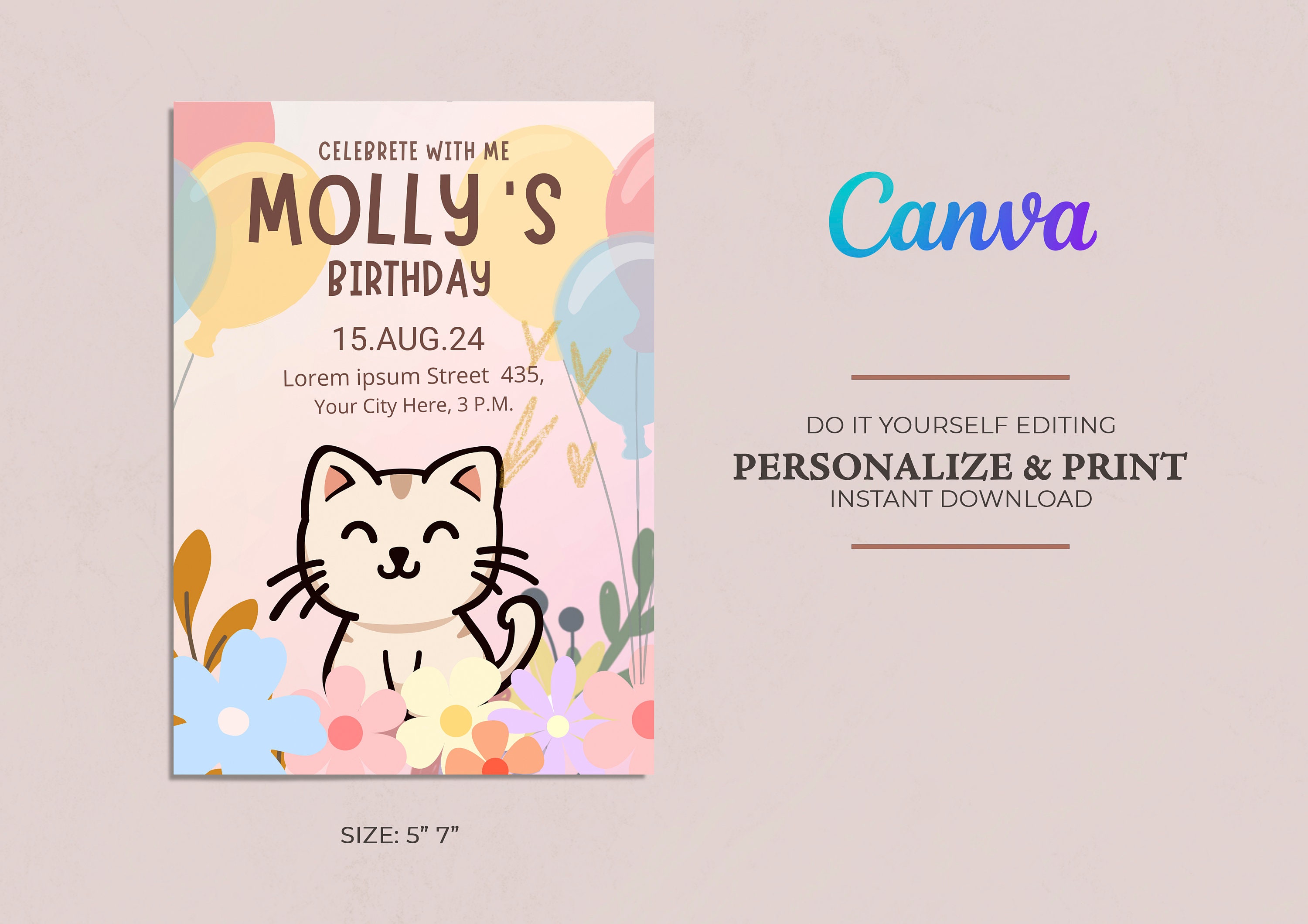 Cat Birthday Invitation Template, Kitty Invitation, Customizable Design ...
