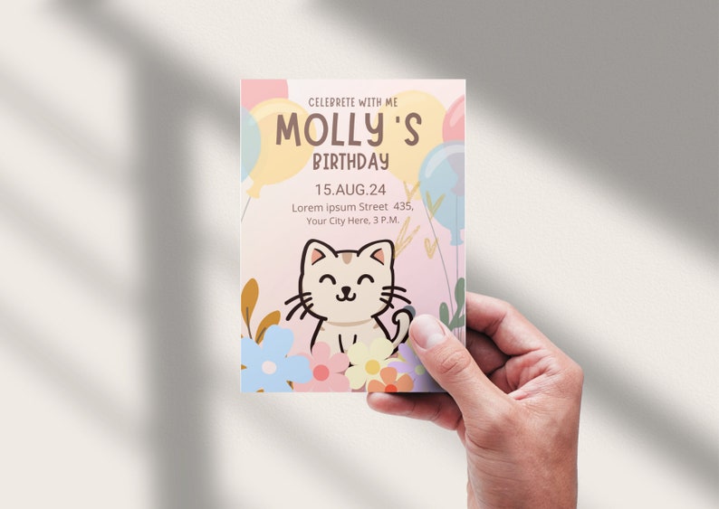 Cat Birthday Invitation Template, Kitty Invitation, Customizable Design ...