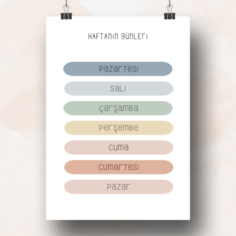 Educational Poster, Learn Turkish, Days, Haftanın Günleri, Eğitim ...