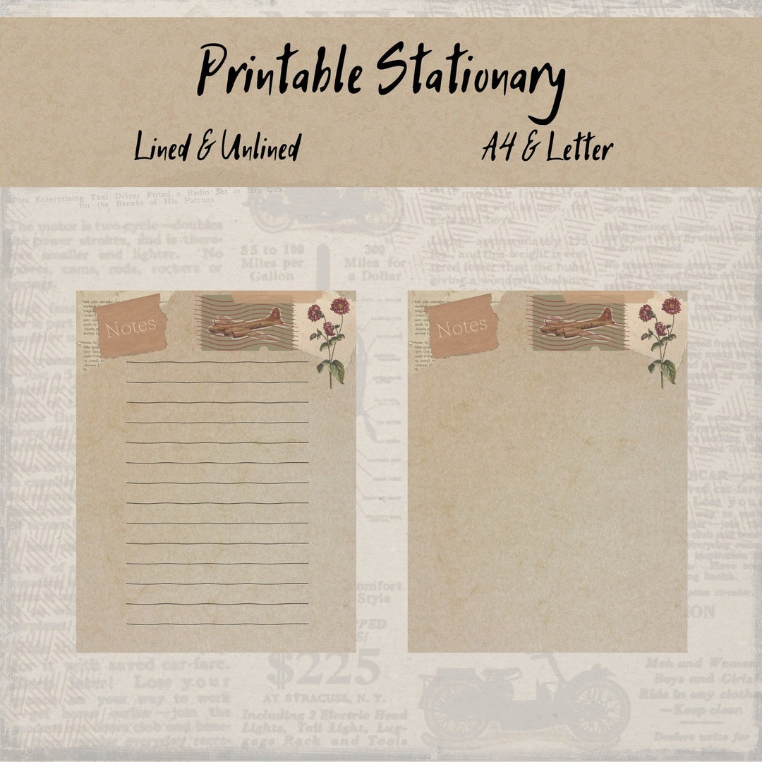 Vintage Themed Notepad Stationary Printable Download Lined Unlined A4 ...