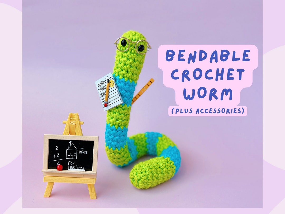 Crochet Worm Teacher With Extras, Bendable Plushie With Accessories and ...