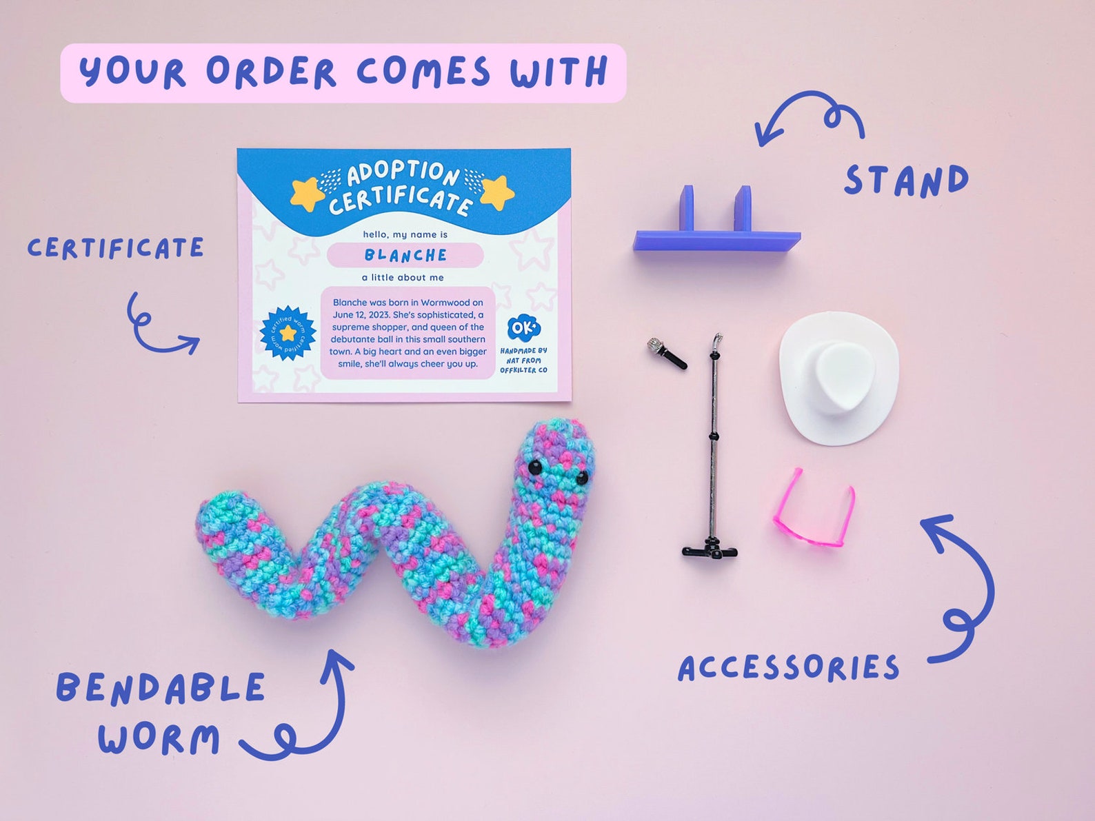 Crochet Worm With Accessories, Bendable Worm Plush With Add Ons and ...