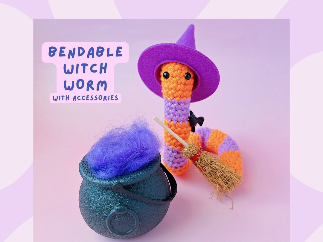 Halloween Worm Witch With Extras, Crochet Bendable Plushie With ...