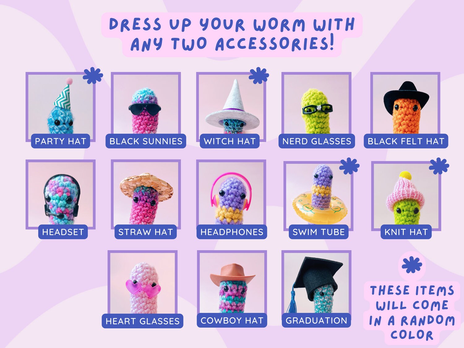 Crochet Worm With Accessories, Bendable Worm Plush With Add Ons and ...