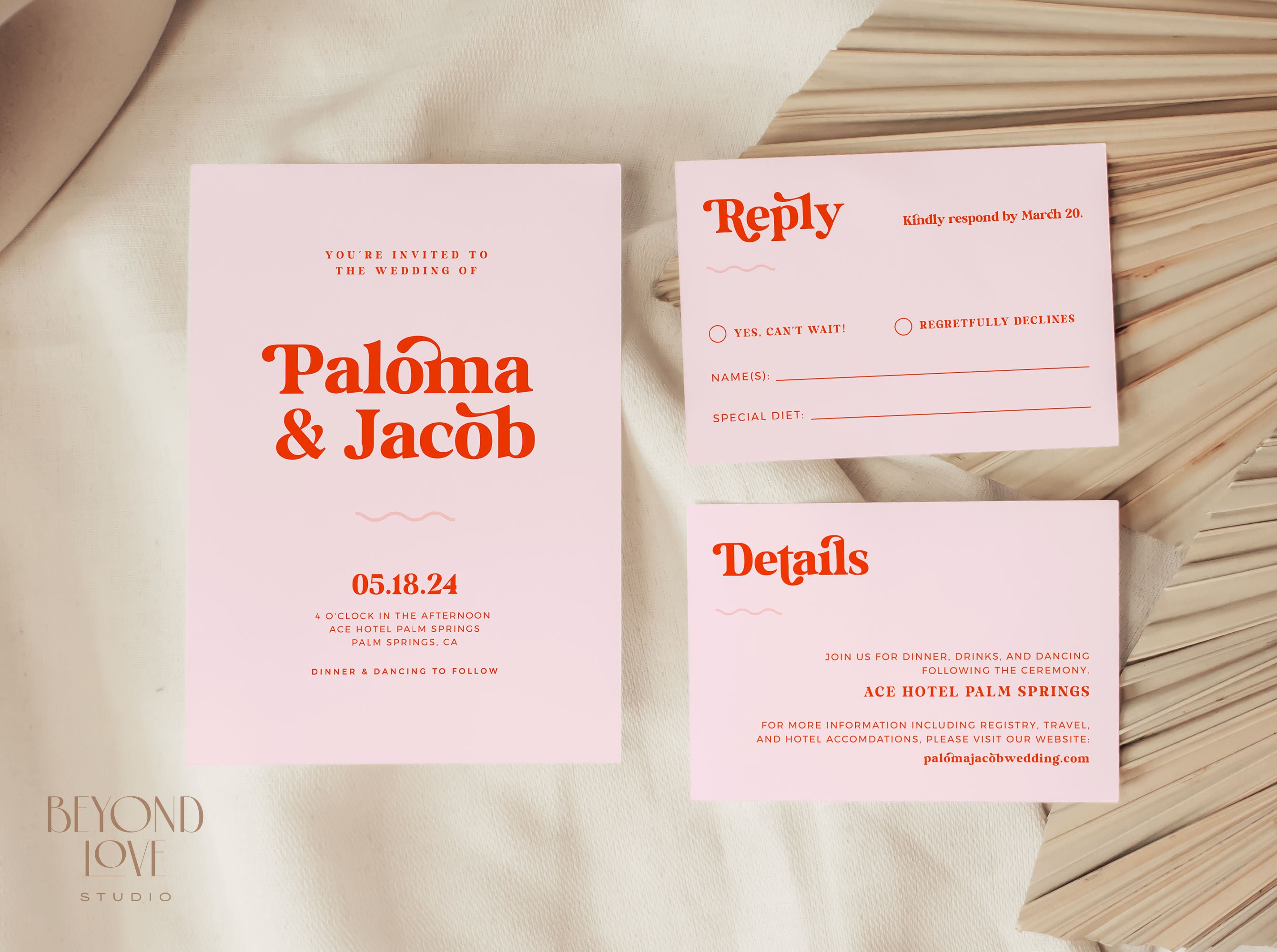 PALOMA Modern Retro Wedding Invitation Set Template, Editable Pink ...