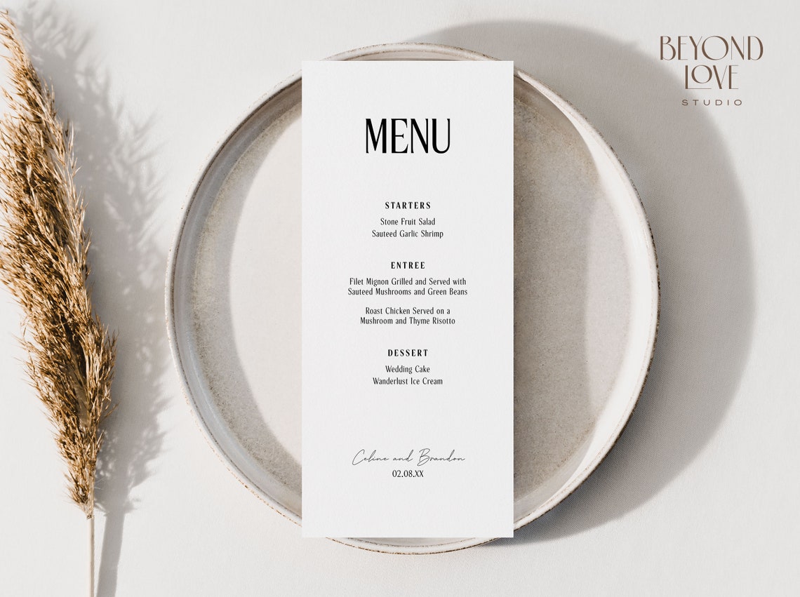 CELINE Modern Elegant Wedding Menu Template, Classic Black & White ...