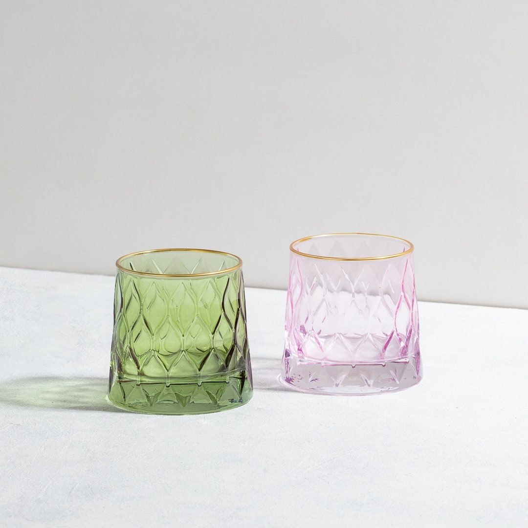 Modern Crystal Cut Whiskey Glass, Unique Scotch Glass, Bundle Colored ...