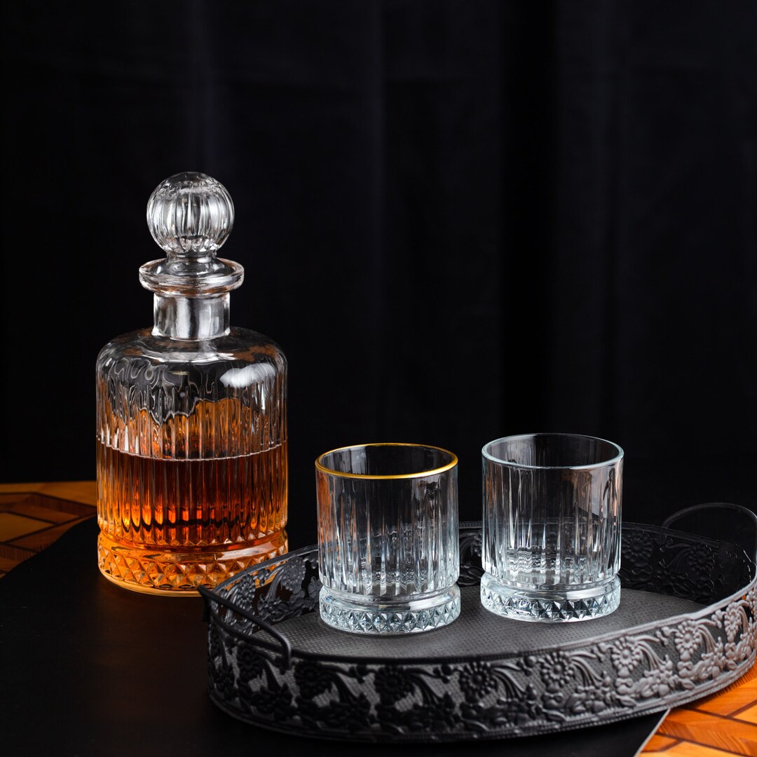 Modern Whiskey Decanter and Gold Rimmed Glasses Set, Crystal Cut ...