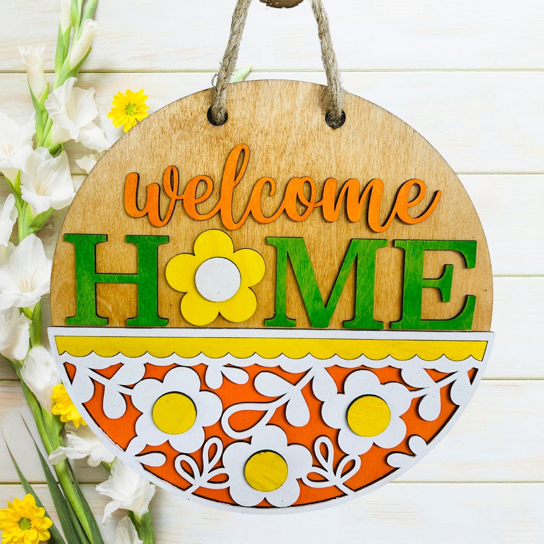 Welcome Home Door Sign Welcome Home Front Door Hanger Wooden Flower ...