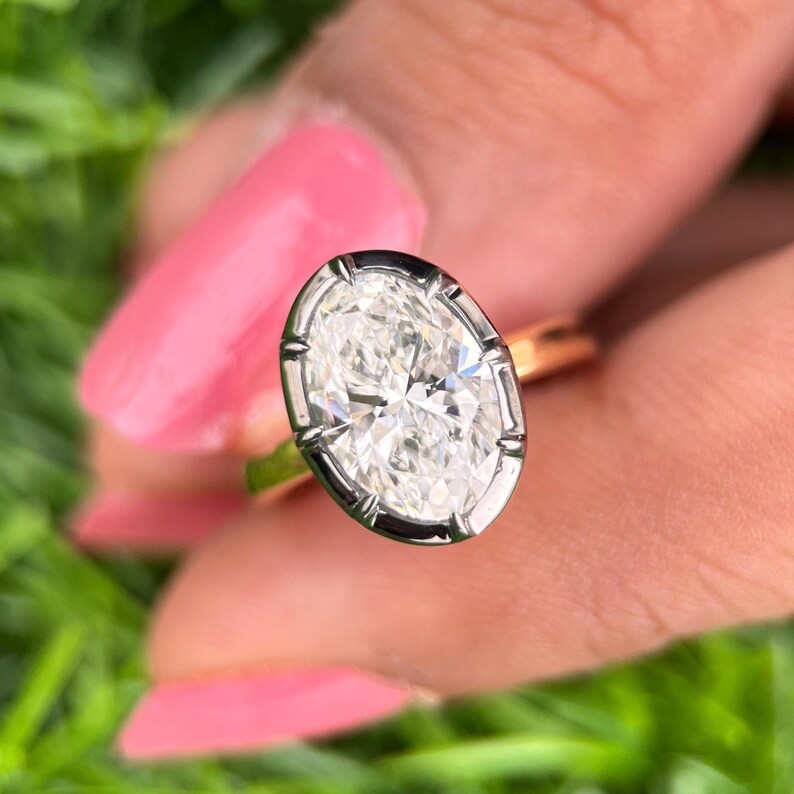 Georgian Cut Down Oval Lab Grown Diamond Women Ring, Button Back Set ...