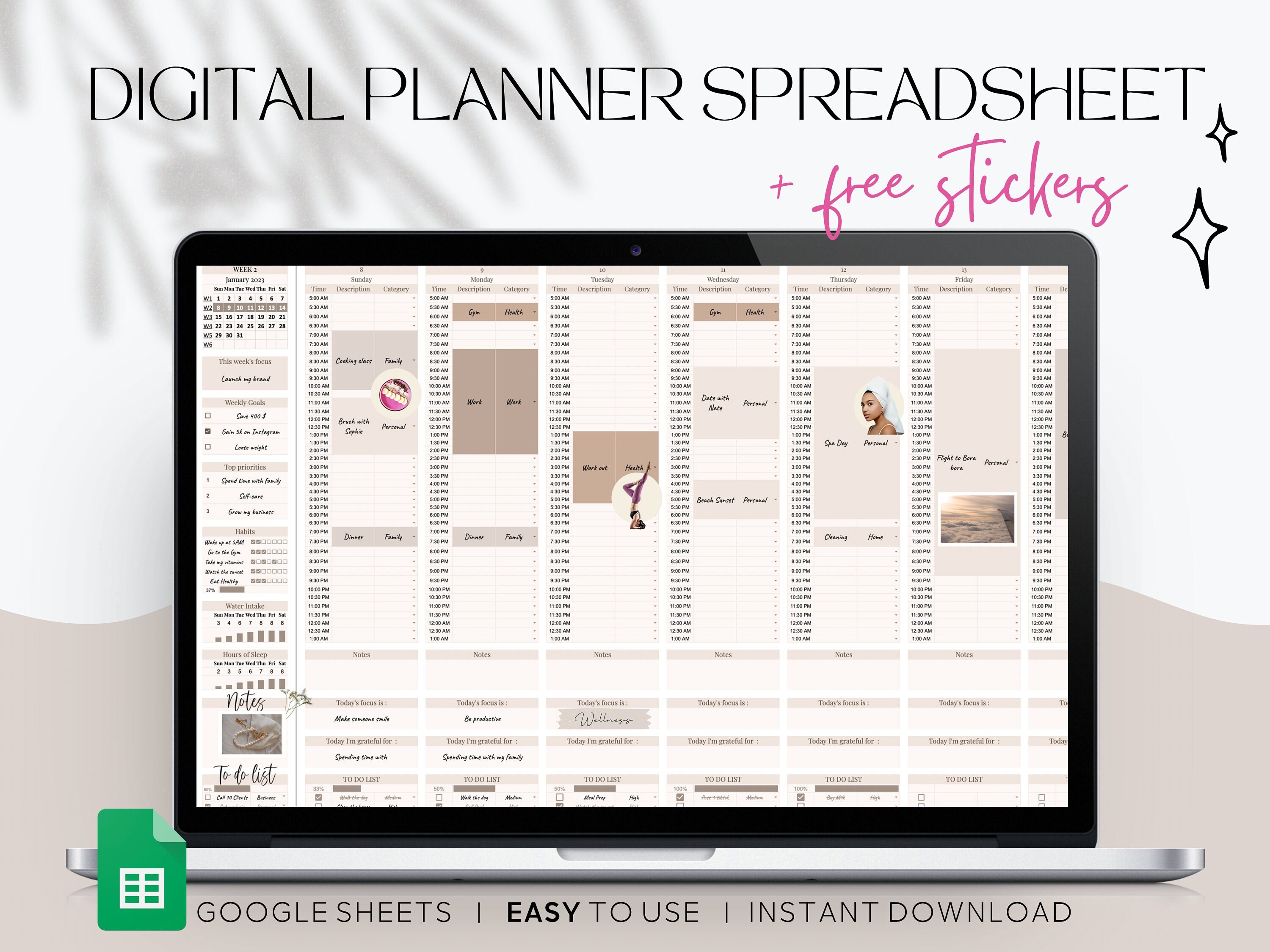 Digital Planner Spreadsheet Google Sheets, Daily to Do List, Daily ...