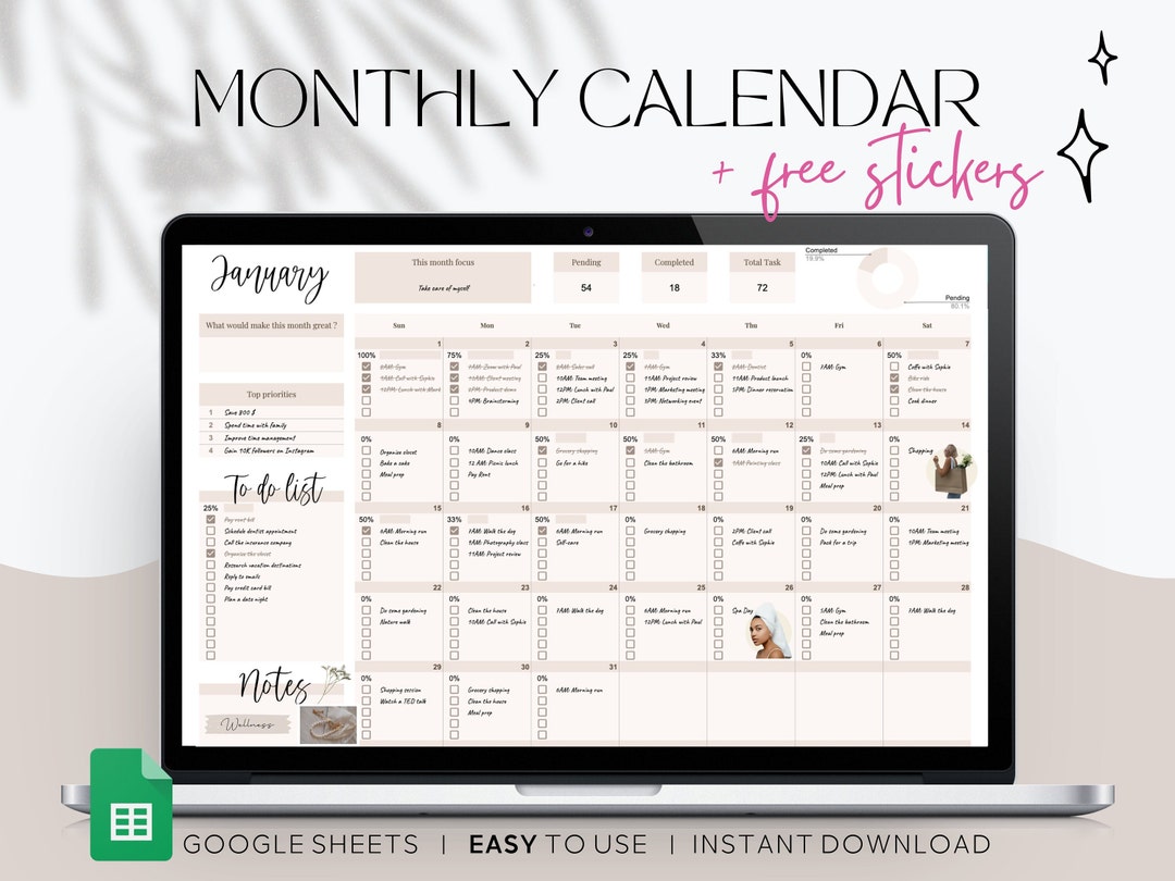 Digital Monthly Calendar Spreadsheet 2023 Google Sheets | Undated ...