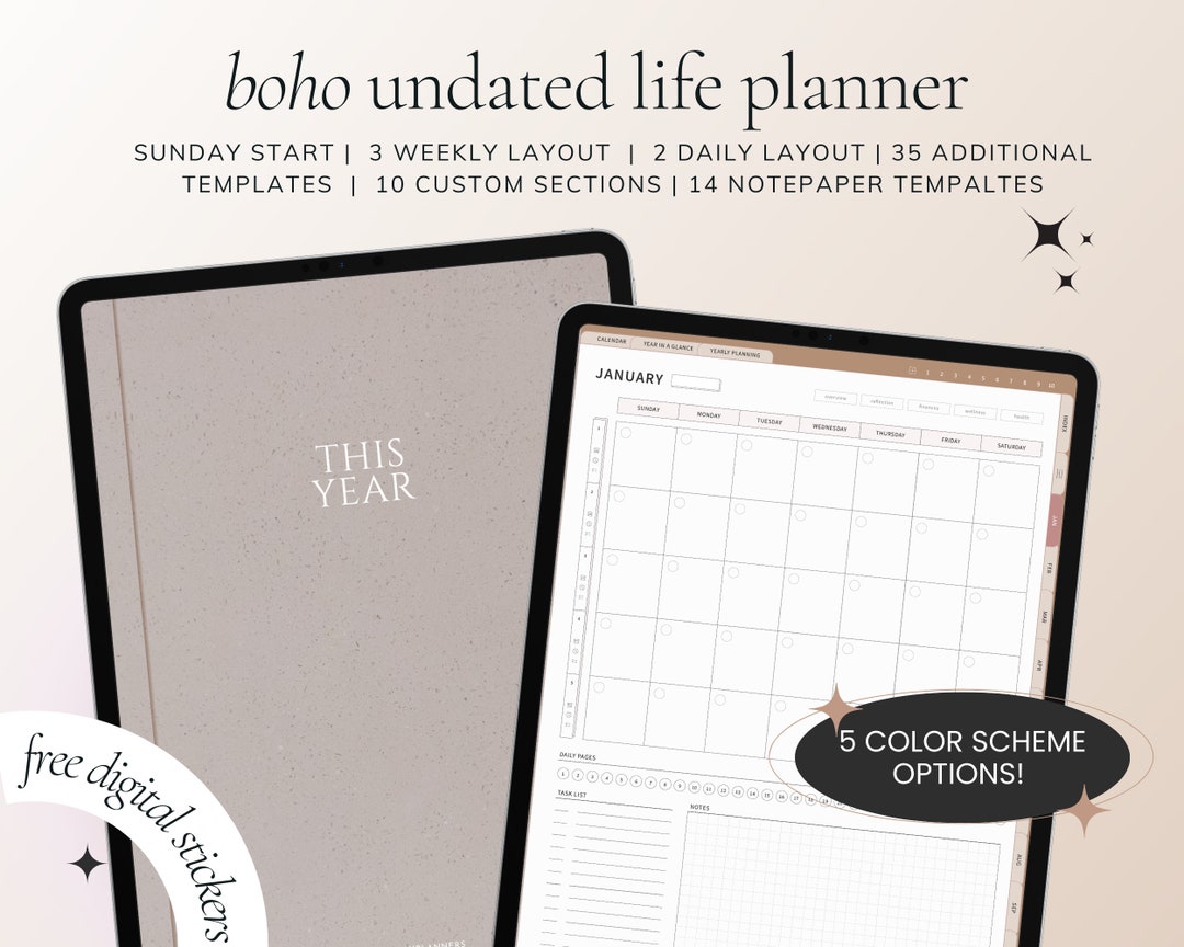 Simple Digital Planner Undated Digital Planner Boho Yearly Monthly ...