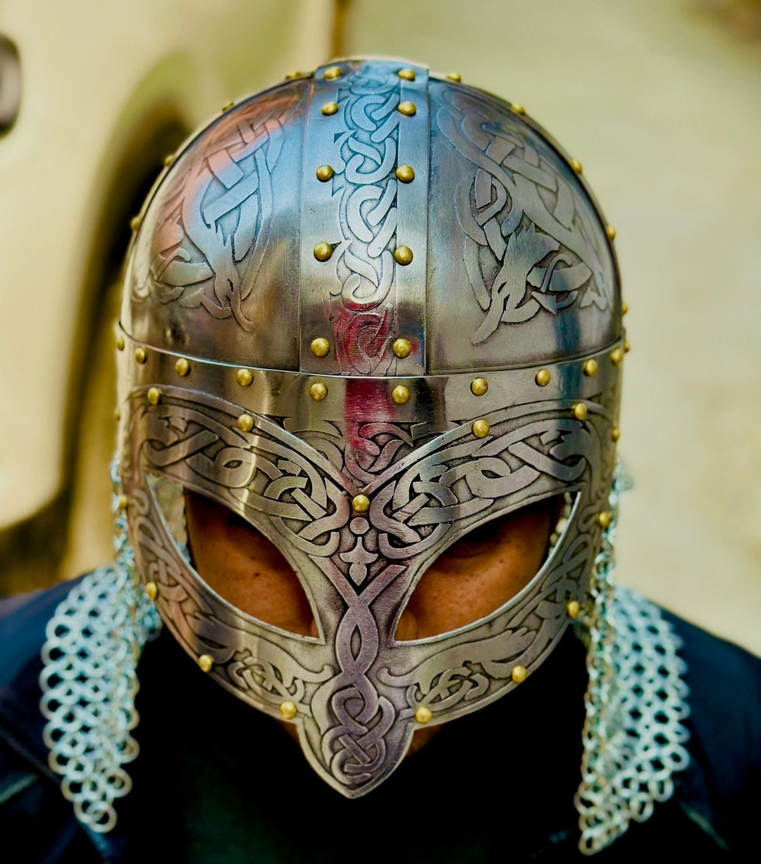 Medieval Viking Helmet Armor Vendel Steel Etched Helmet With Chainmail ...