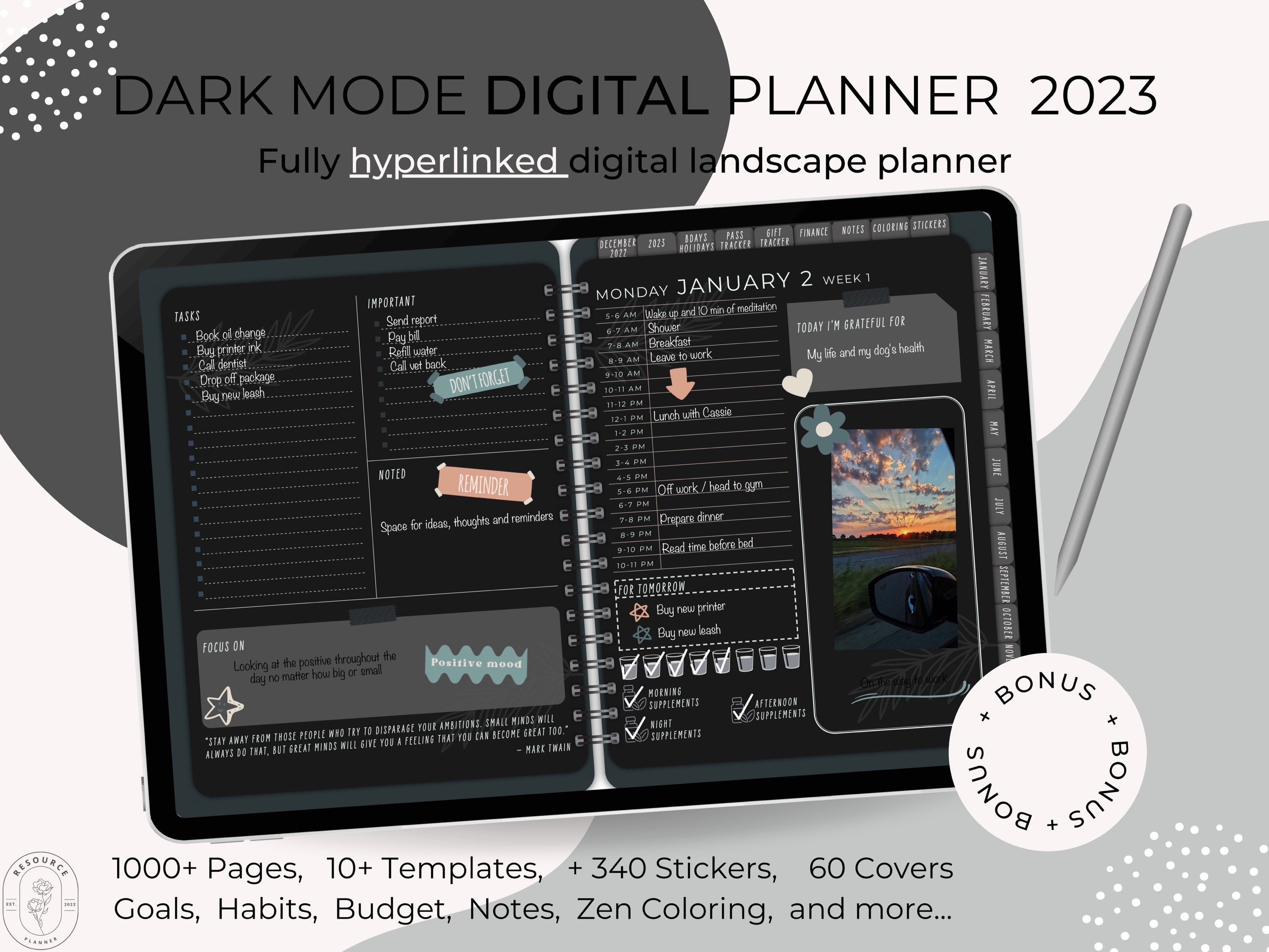 2023 Dated Dark Mode Digital Planner. Goodnotes Planner, Ipad ...