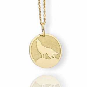 9K Solid Gold Wolf Pendant, Gold Howling Wolf Round Necklace ...
