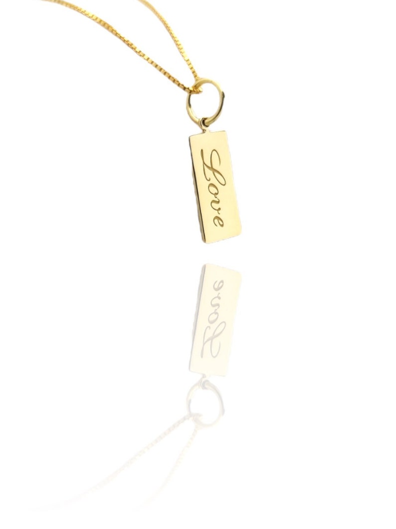 14K Solid Gold Love Tag Necklace, Dainty Bar Tag Pendant, Personalized ...