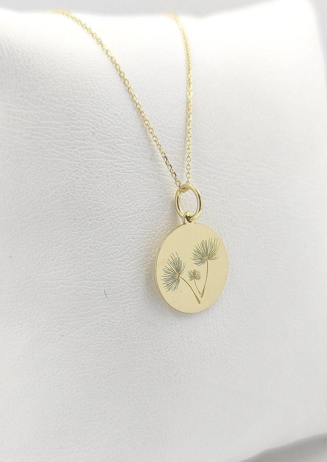 14K Solid Gold Dandelion Necklace: Engraved Flower Disc Pendant ...