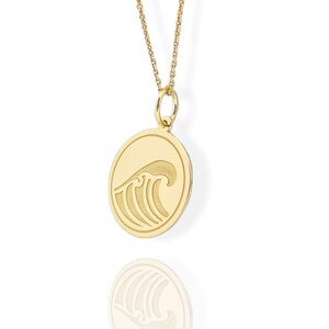 14K Solid Gold Ocean Wave Necklace: Engraved Round Pendant ...