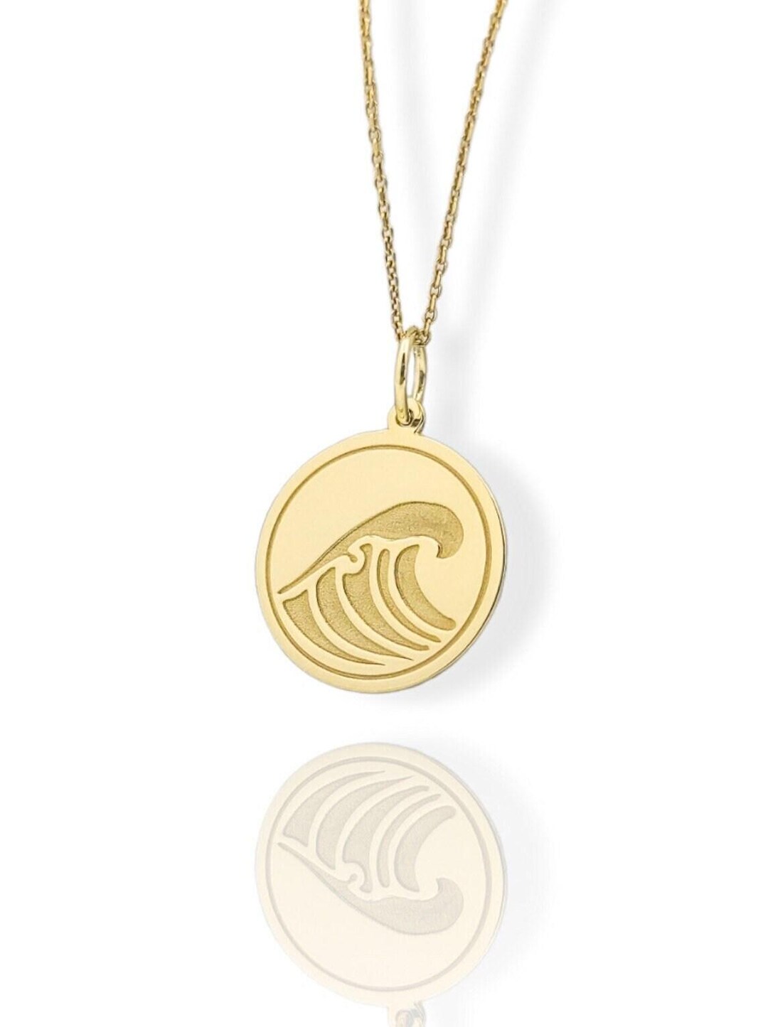 14K Solid Gold Wave Pendant Necklace: Engraved Ocean Jewelry - Etsy