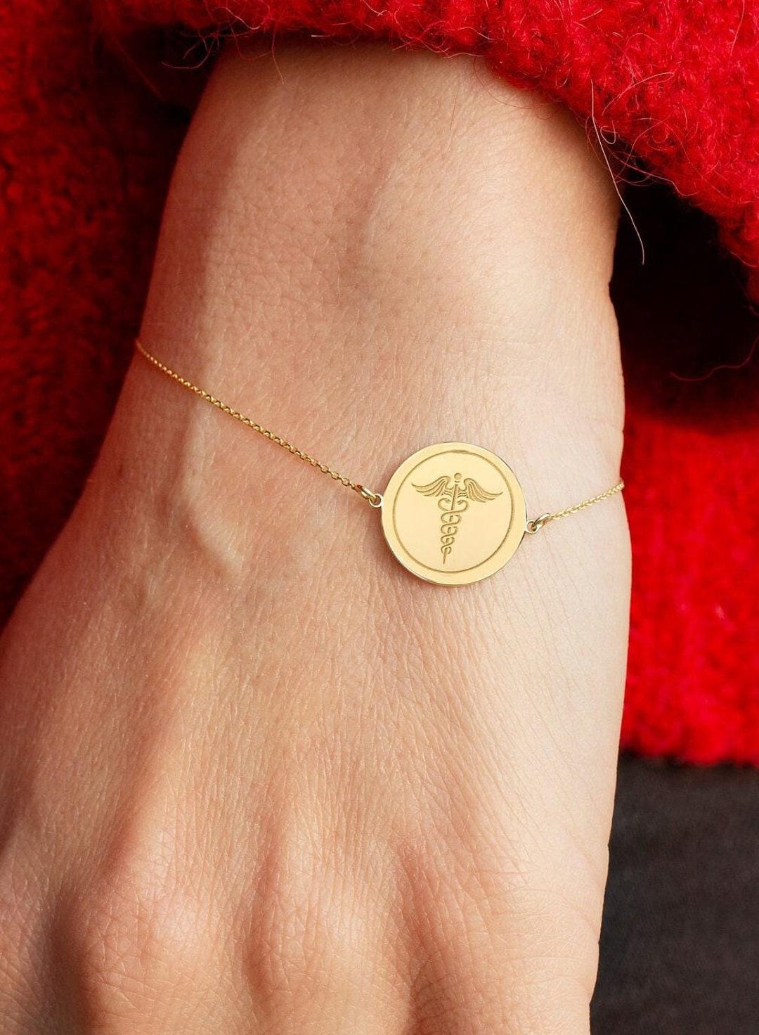 14K Solid Gold Medic Alert Bracelet: Caduceus Symbol Jewelry - Etsy