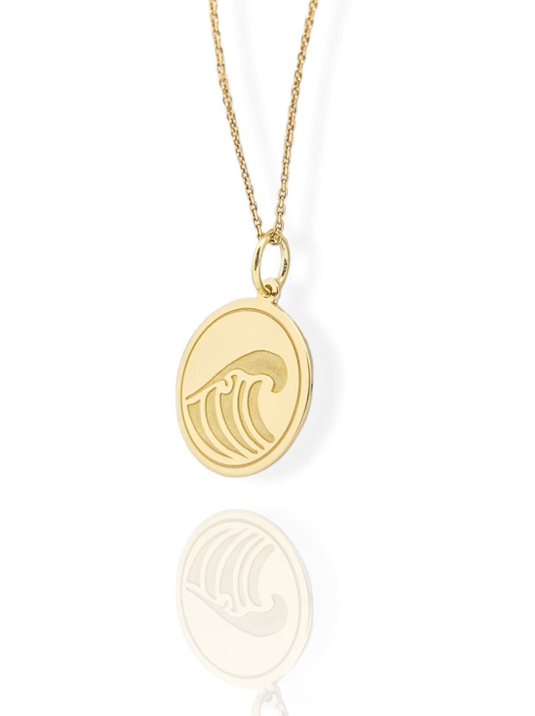 14K Real Solid Gold Wave Pendant, Gold Ocean Wave Coin Necklace ...