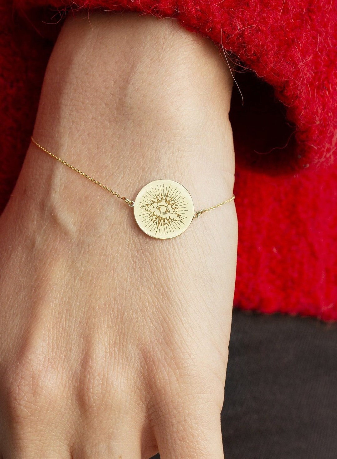 14K Real Solid Gold All Seeing Eye Bracelet, Dainty Eye of Providence ...