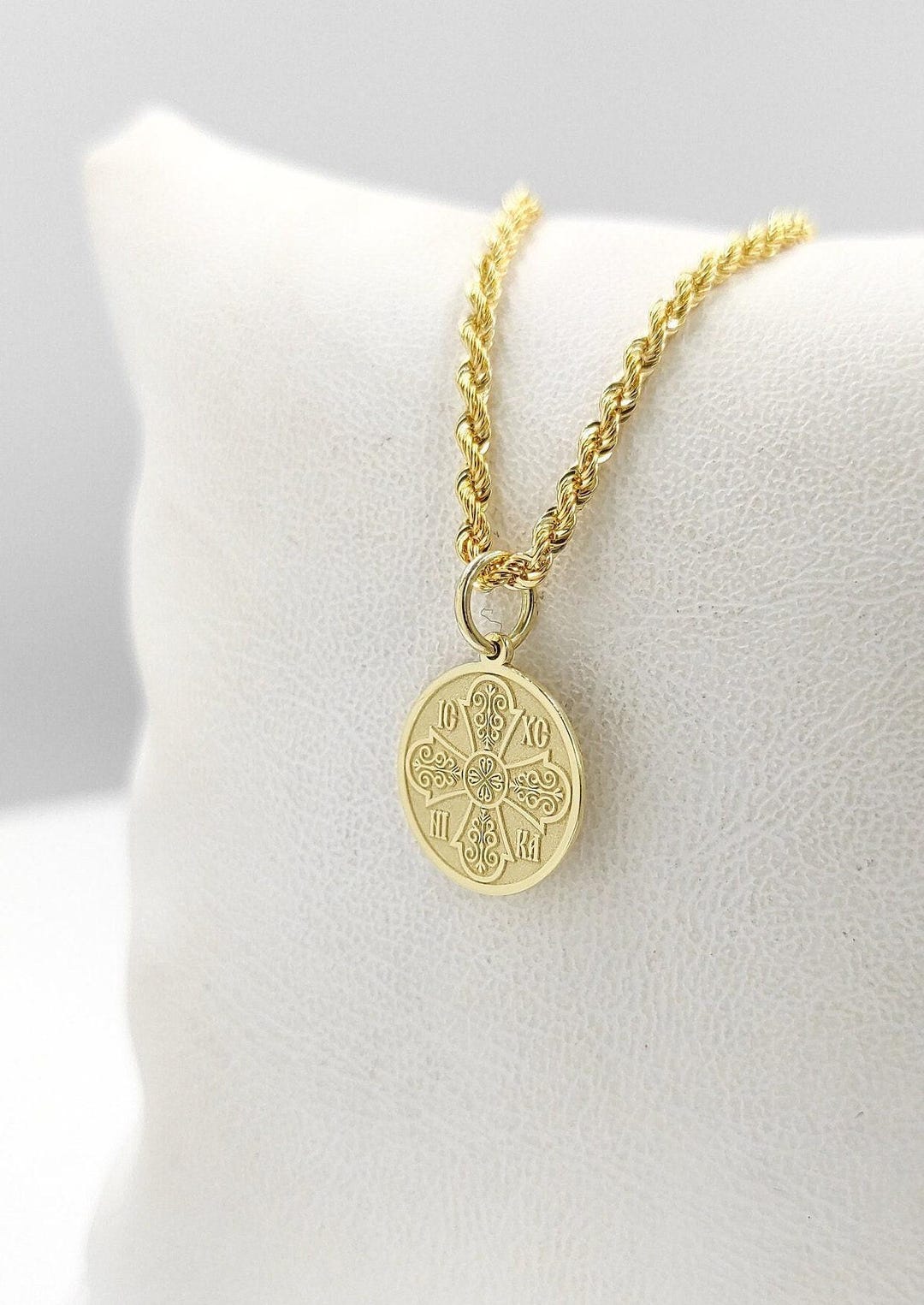 14K Solid Gold Greek Orthodox Cross Pendant Necklace: Constantine Coin ...