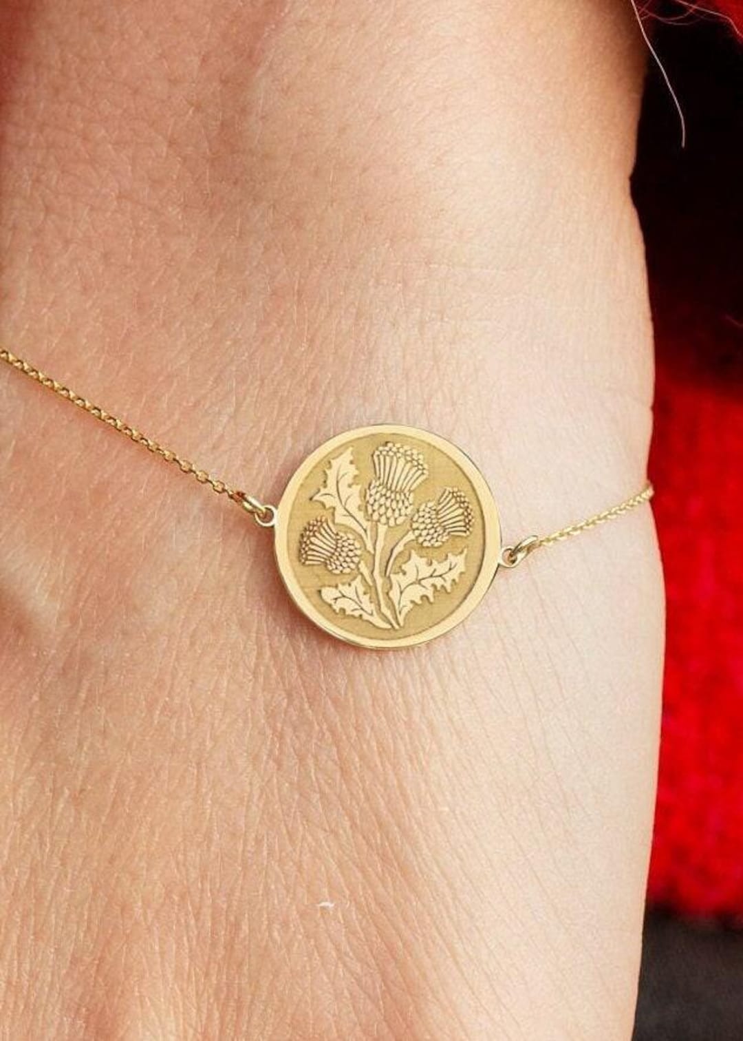14K Solid Gold Thistle Bracelet, Gold Disc Scottish Bracelet ...
