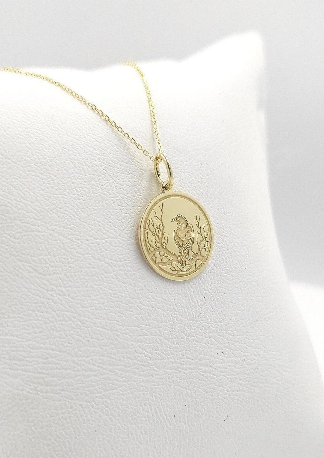 14K Solid Gold Raven Necklace: Engraved Bird Coin Pendant - Etsy