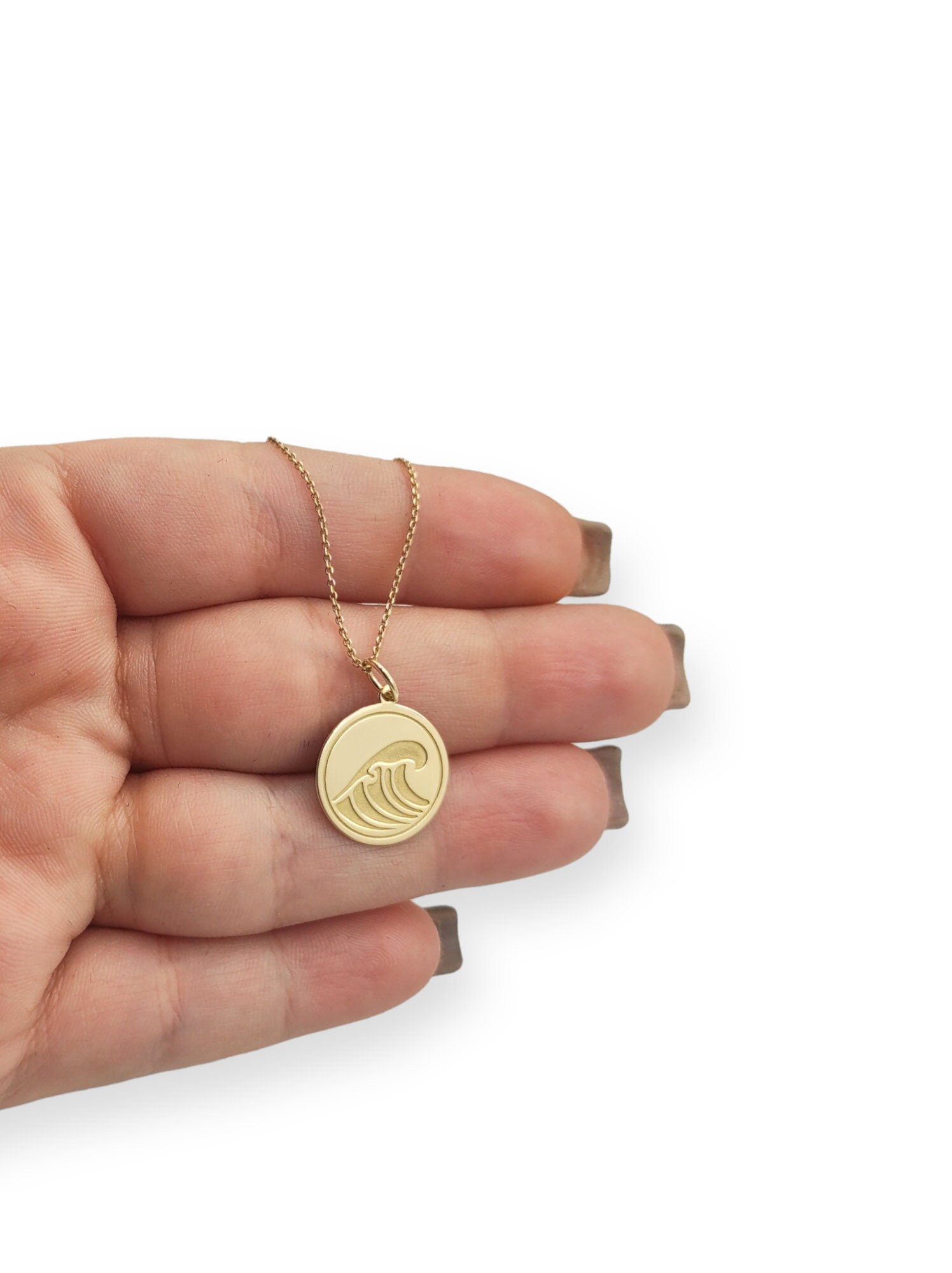 14K Solid Gold Ocean Wave Necklace, Engraved Wave Pendant, Personalized ...
