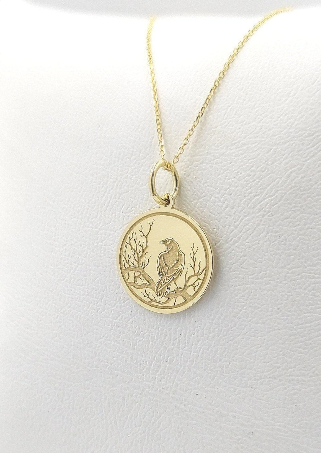 14K Solid Gold Raven Necklace: Engraved Bird Disc Pendant - Etsy