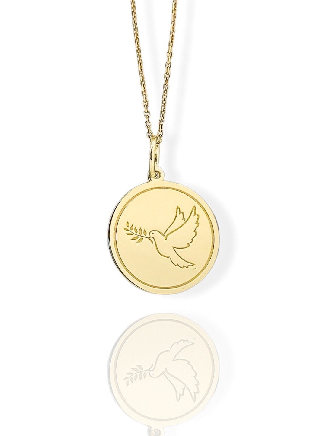 14K Solid Gold Dove Necklace, Gold Round Bird Pendant, Bird of Peace ...