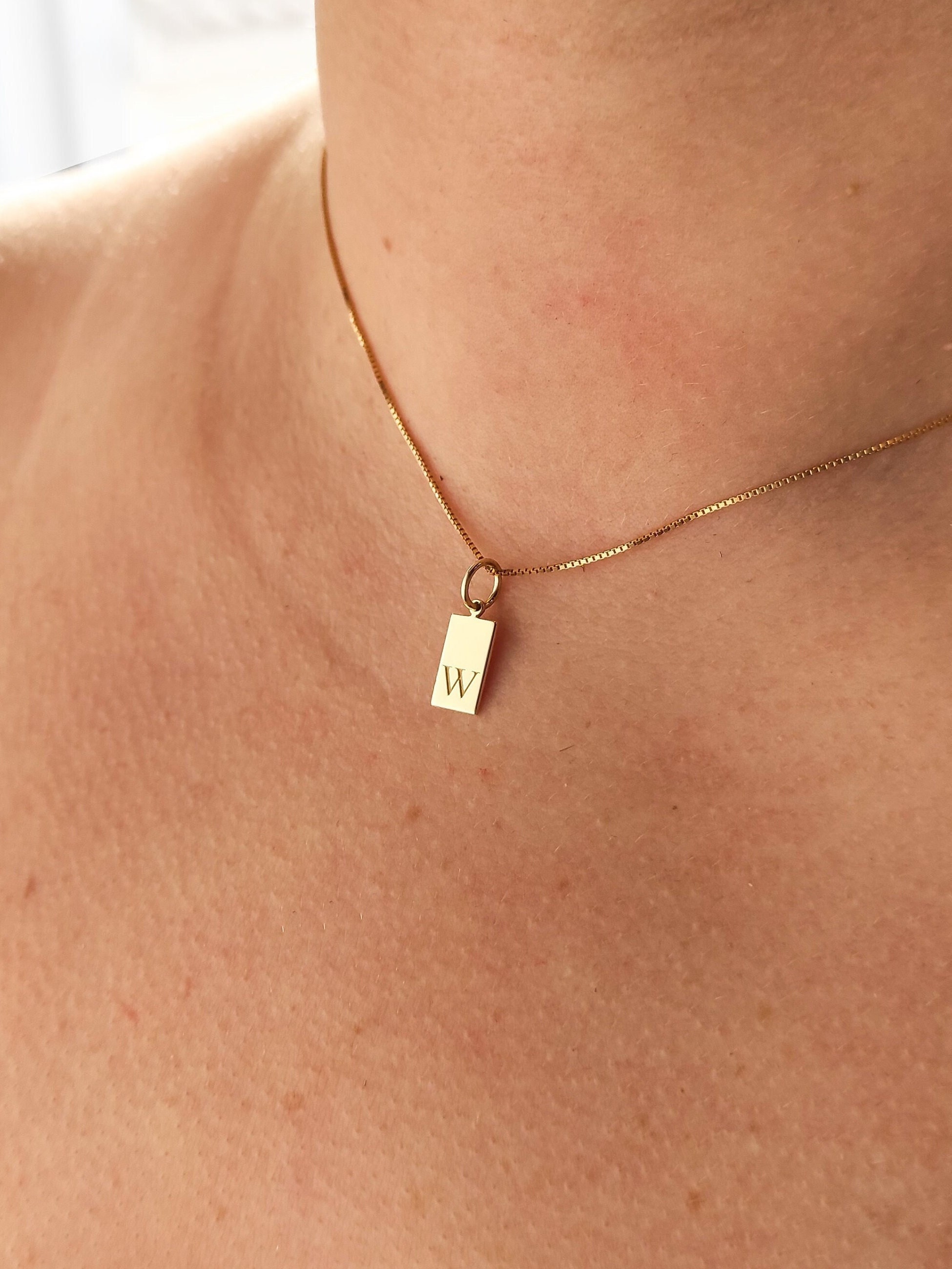 14K Solid Gold Bar Tag Necklace Dainty Initial Tag Pendant - Etsy