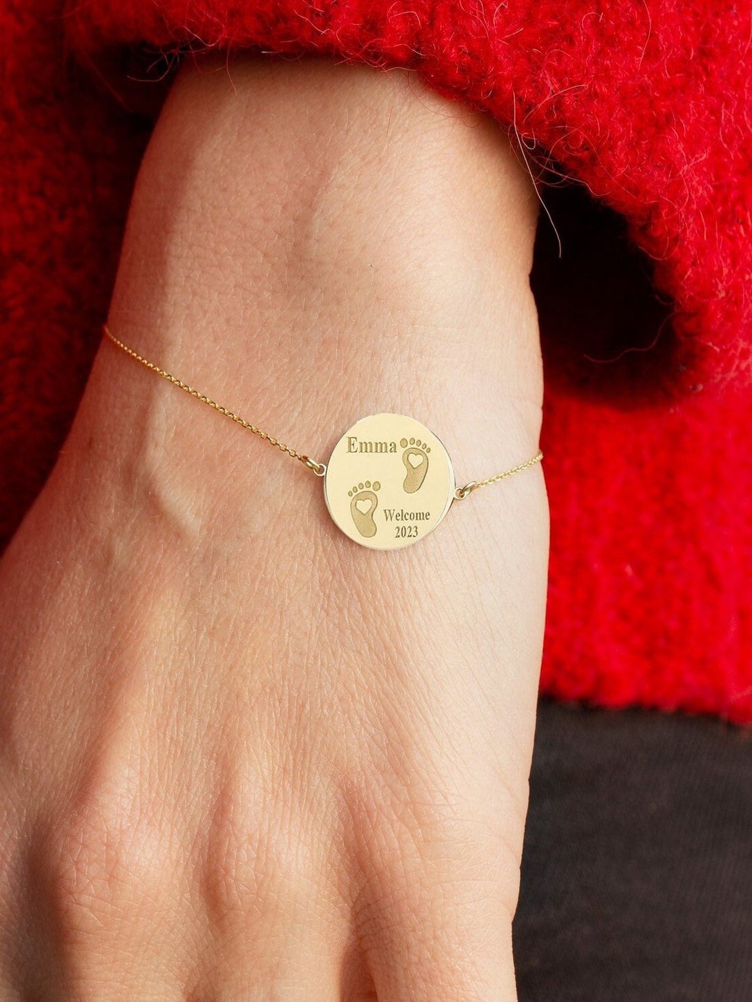 14K Solid Gold Baby Feet Bracelet, Personalized Memorial Jewelry ...