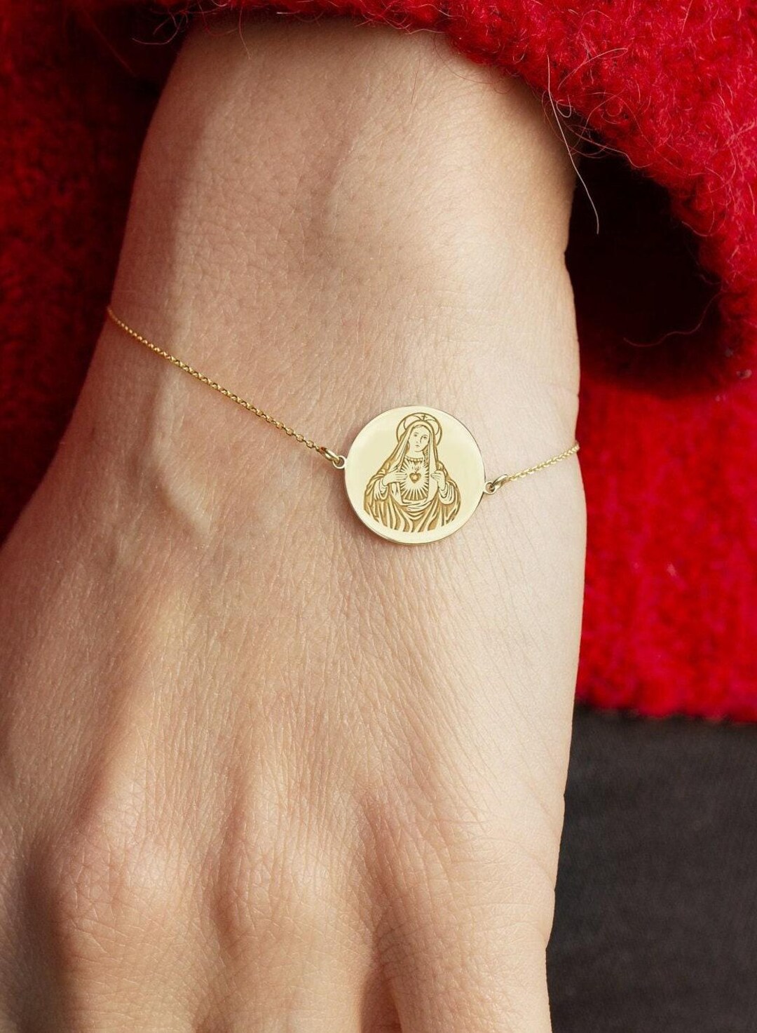 14K Real Solid Gold Virgin Mary Bracelet, Gold Dainty Virgin Mary Coin ...