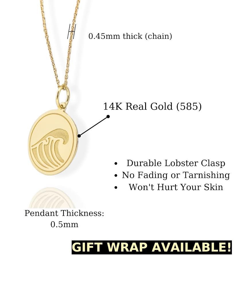 14K Solid Gold Ocean Wave Necklace, Engraved Wave Pendant, Personalized ...