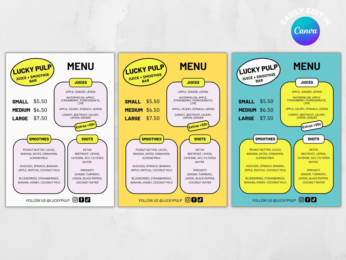 Smoothie Bar Menu Template / Juice Bar Menu Template / Retro Menu ...