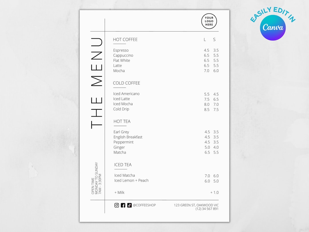 Coffee Menu Template / Minimalist Coffee Shop Menu / Printable Menu ...