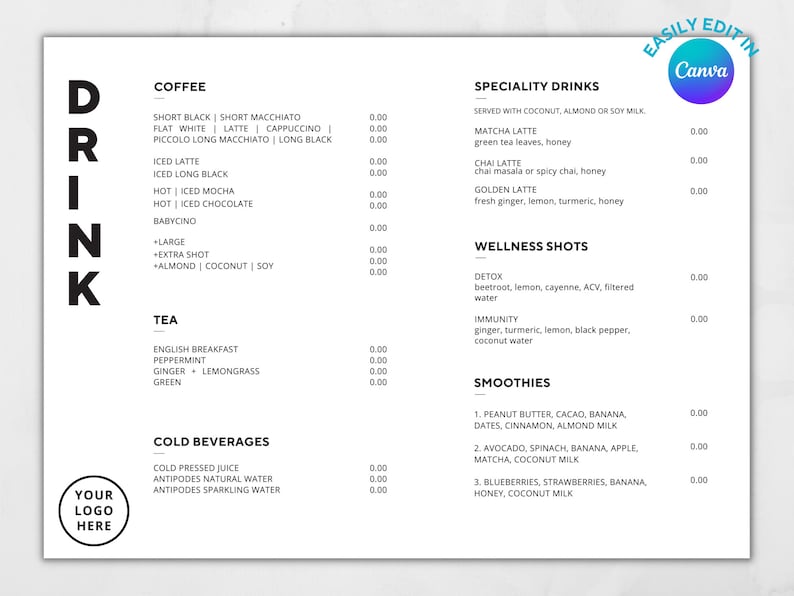 Minimalist Cafe Menu Template / Editable Modern Menu Template ...