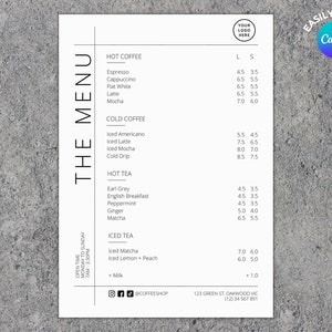 Coffee Menu Template / Minimalist Coffee Shop Menu / Printable Menu ...