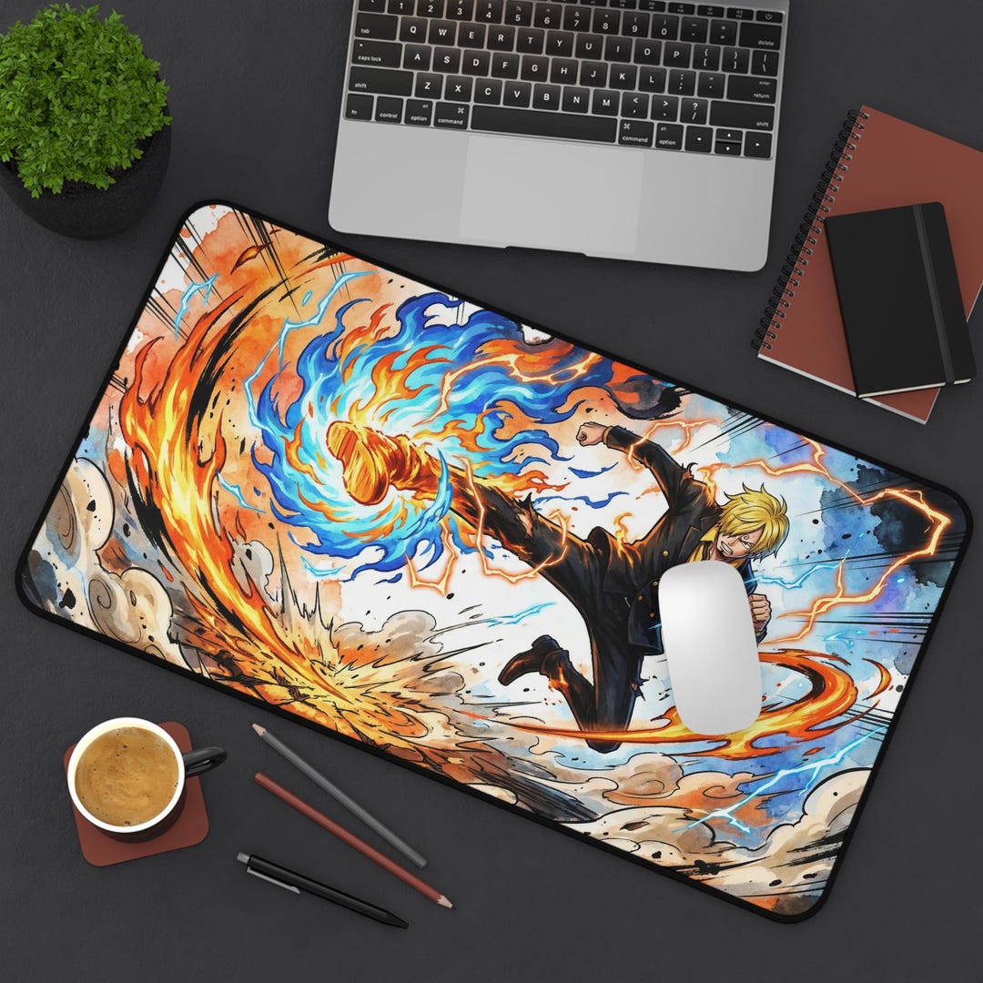 Flaming Kick Anime Character Desk Mat | Fire Attack Mouse Pad - Etsy