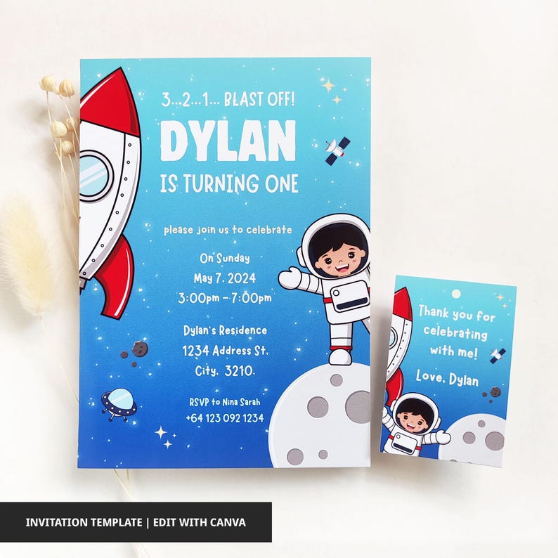 Editable Astronaut Theme Birthday Invitation Template for Boys Plus a ...