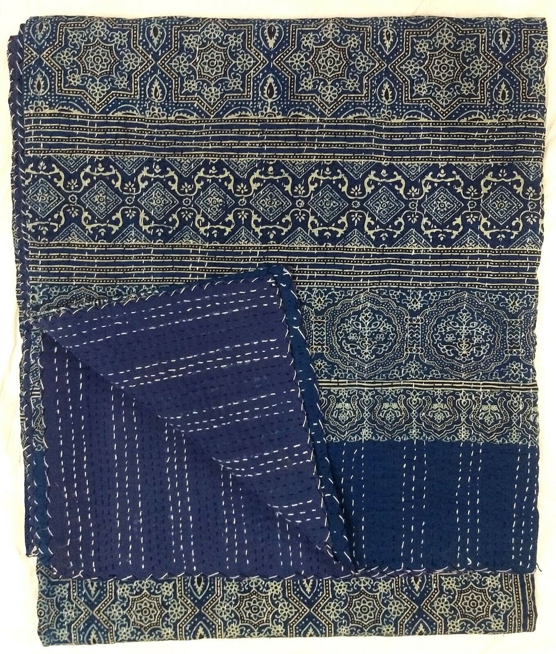 Indian Handmade Cotton Blanket Kantha Bed Cover Bedding Bedspread Hand Block Ajrak Kantha Quilt ...