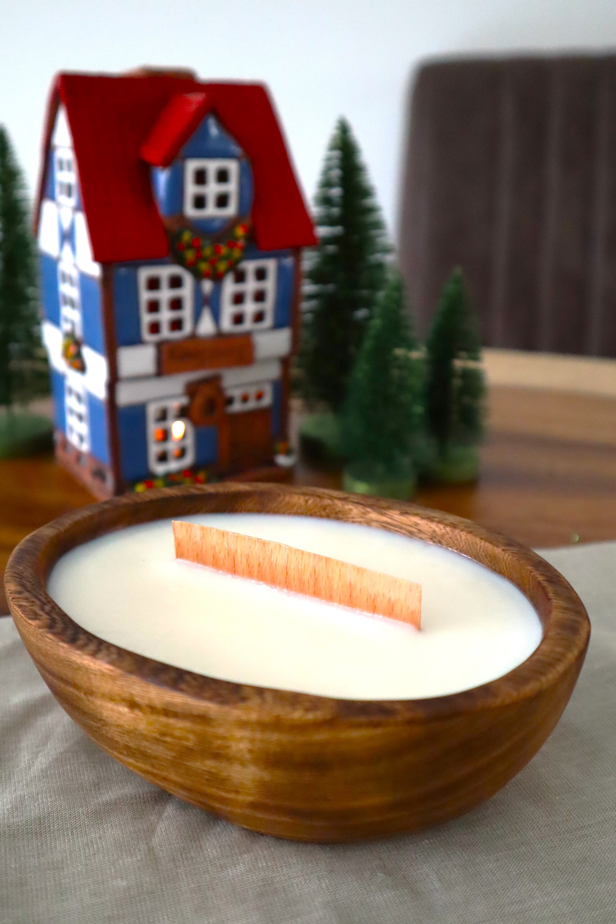 Soy Candle in Wooden Bowl, Oval Dough Bowl Candle, Vegan Soy Wax Candle, Wooden Wick Candle ...