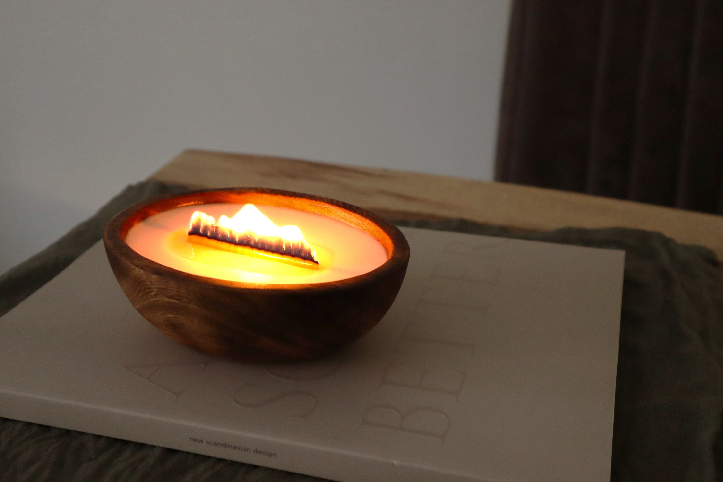 Soy Candle in Wooden Bowl, Oval Dough Bowl Candle, Vegan Soy Wax Candle, Wooden Wick Candle ...