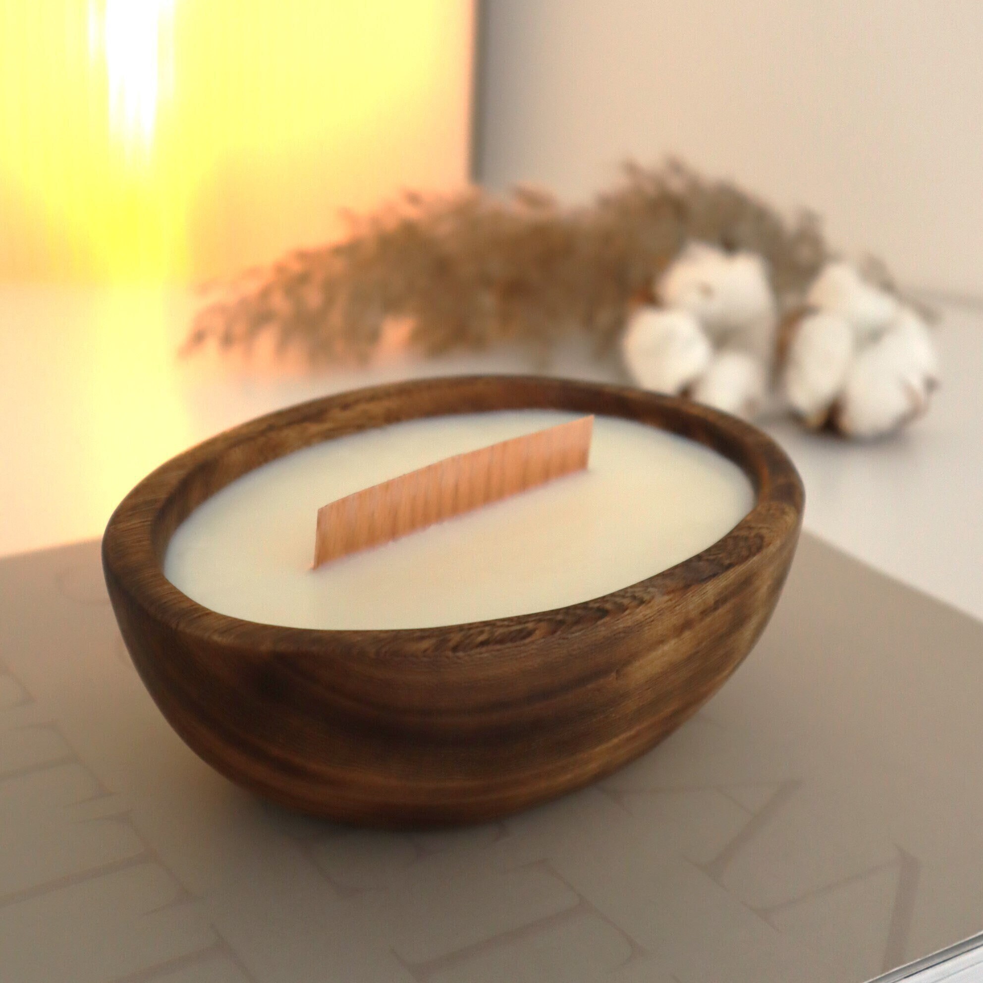 Soy Candle in Wooden Bowl, Oval Dough Bowl Candle, Vegan Soy Wax Candle, Wooden Wick Candle ...