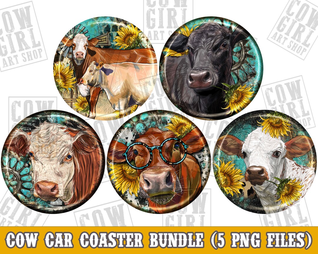 Cow Car Coaster Png Sublimation Design Bundle, Western Cow Png, Animal ...