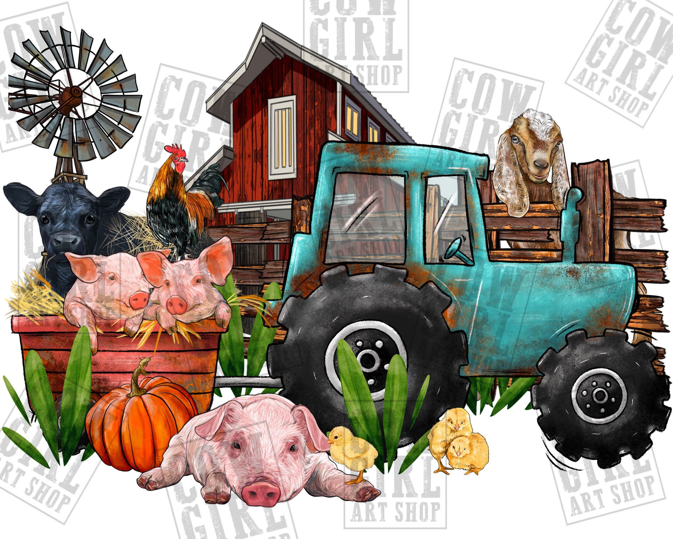 Farm Animals Tractor Png Sublimation Design Download, Hand Drawn ...