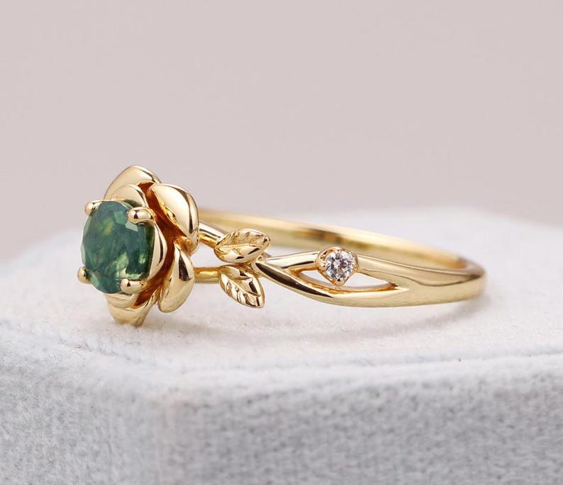Rose Flower Moss Agate Engagement Ring: Gold Branch Bridal Jewelry - Etsy